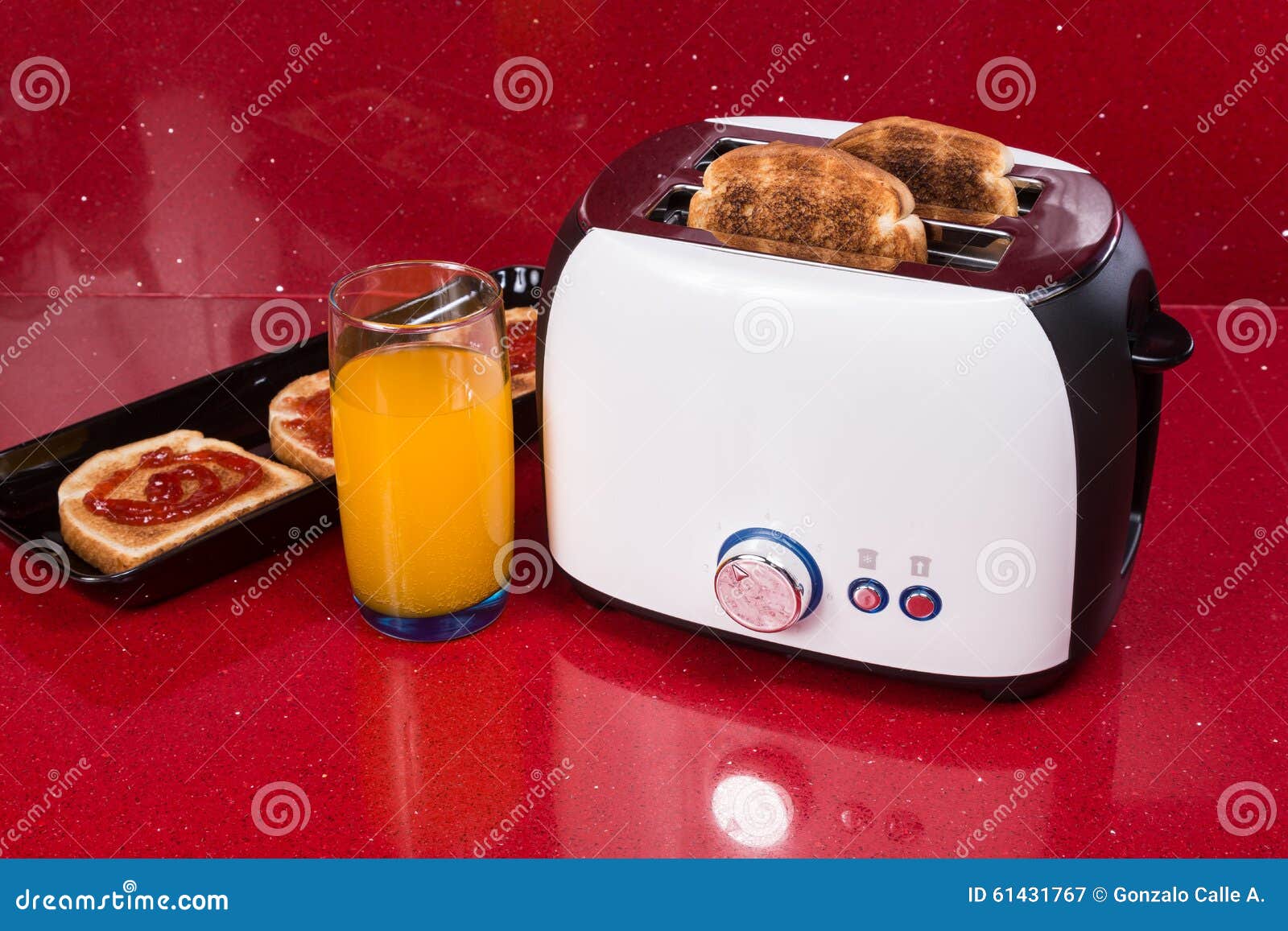 Modern Design of the Bread Toaster in the Red Kitchen Interior Stock ...