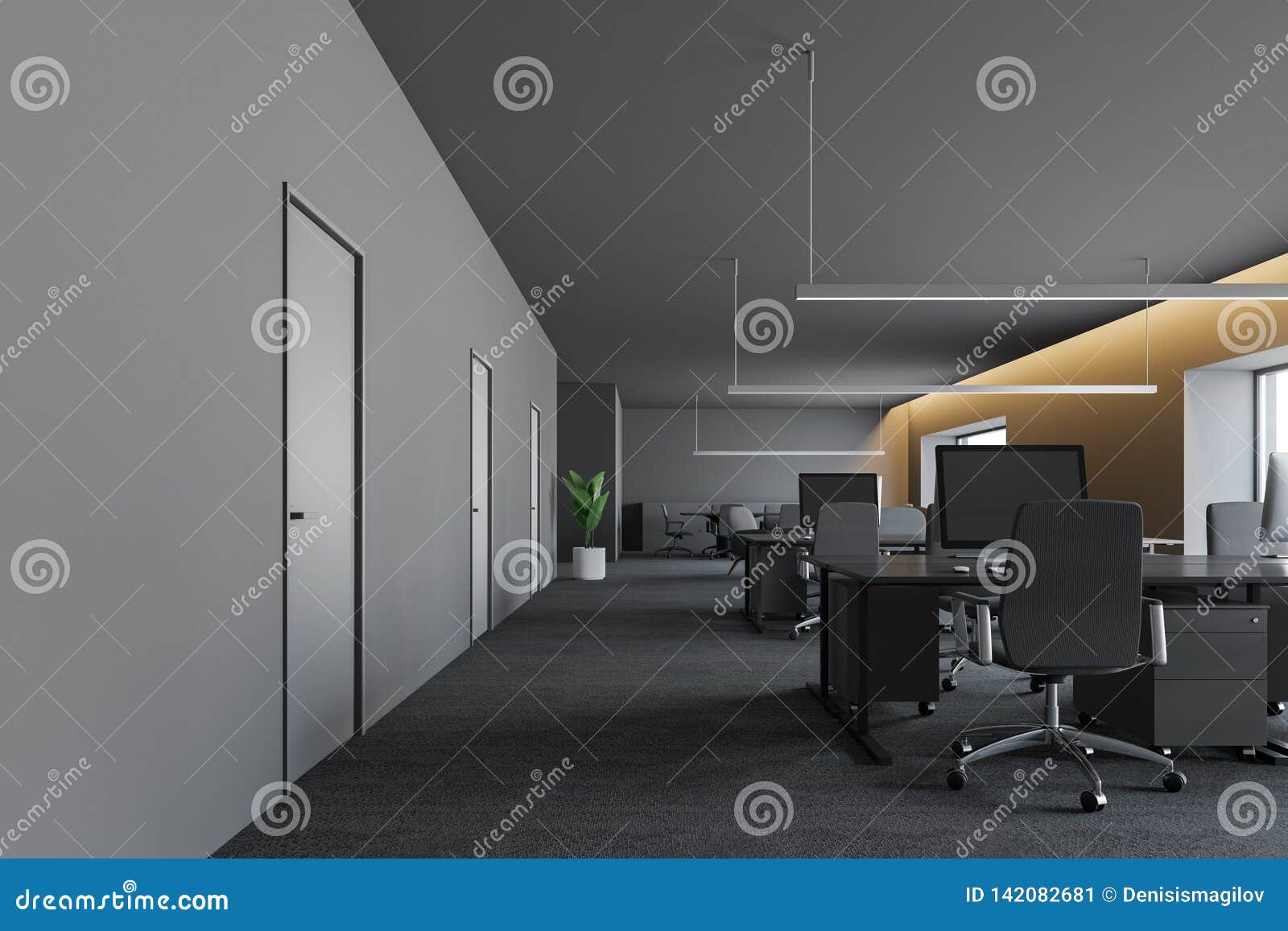 Modern Design Dark Office Interior with Work Space. 3D Render Stock ...