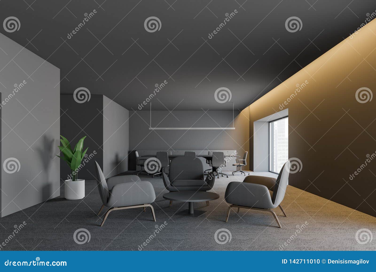 Modern Design Dark Office Interior with Work Space. 3D Render Stock ...