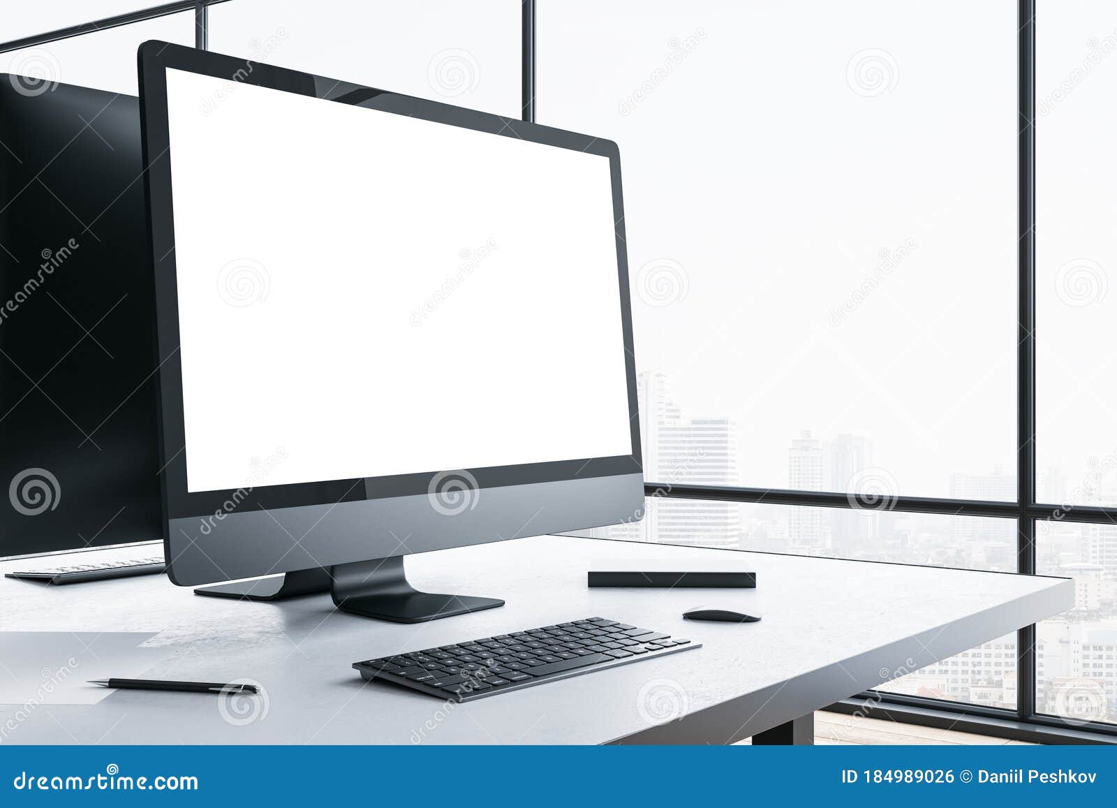 Modern Designer Desktop with Empty White Computer Screen Editorial ...