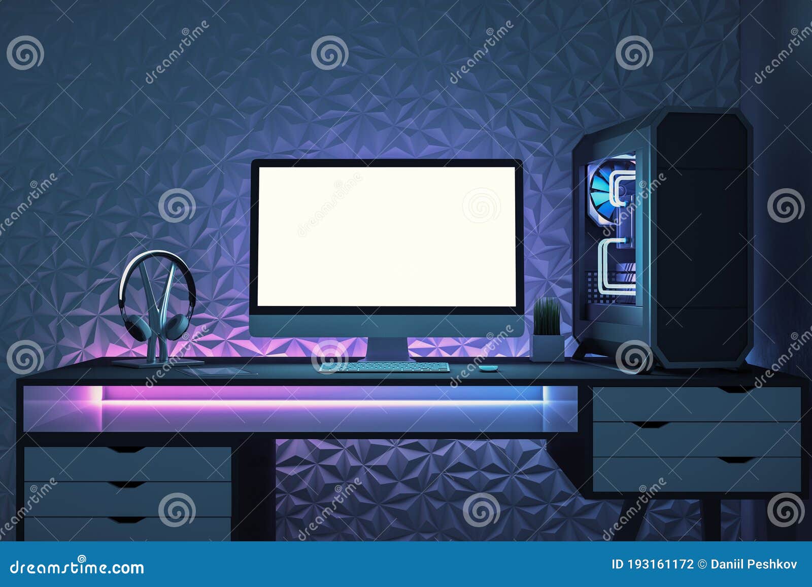 Modern Designer Desktop with Empty White Computer Screen Stock ...