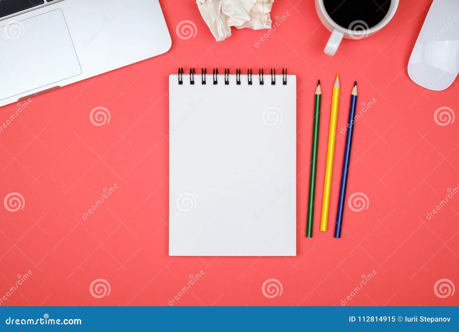 Modern Designer Office Desk Table with Blank Notebook Page, Laptop ...