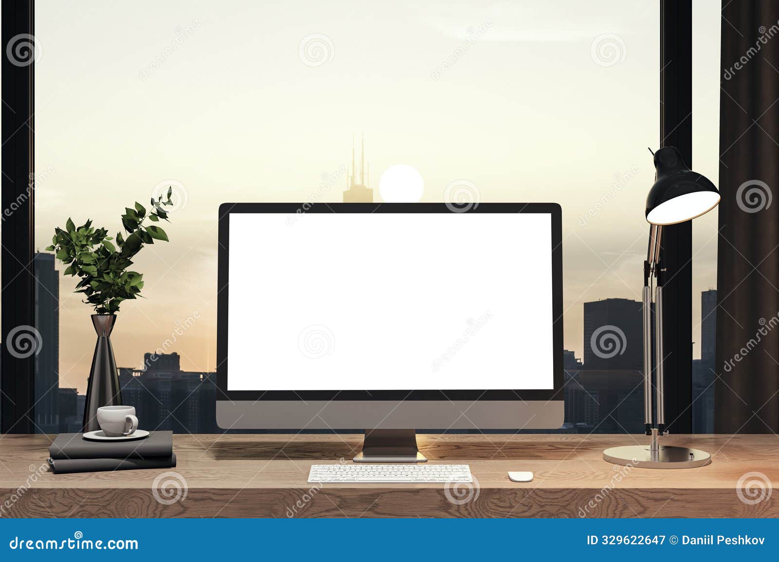 Modern Designer Office Interior with Empty White Mock Up Computer ...