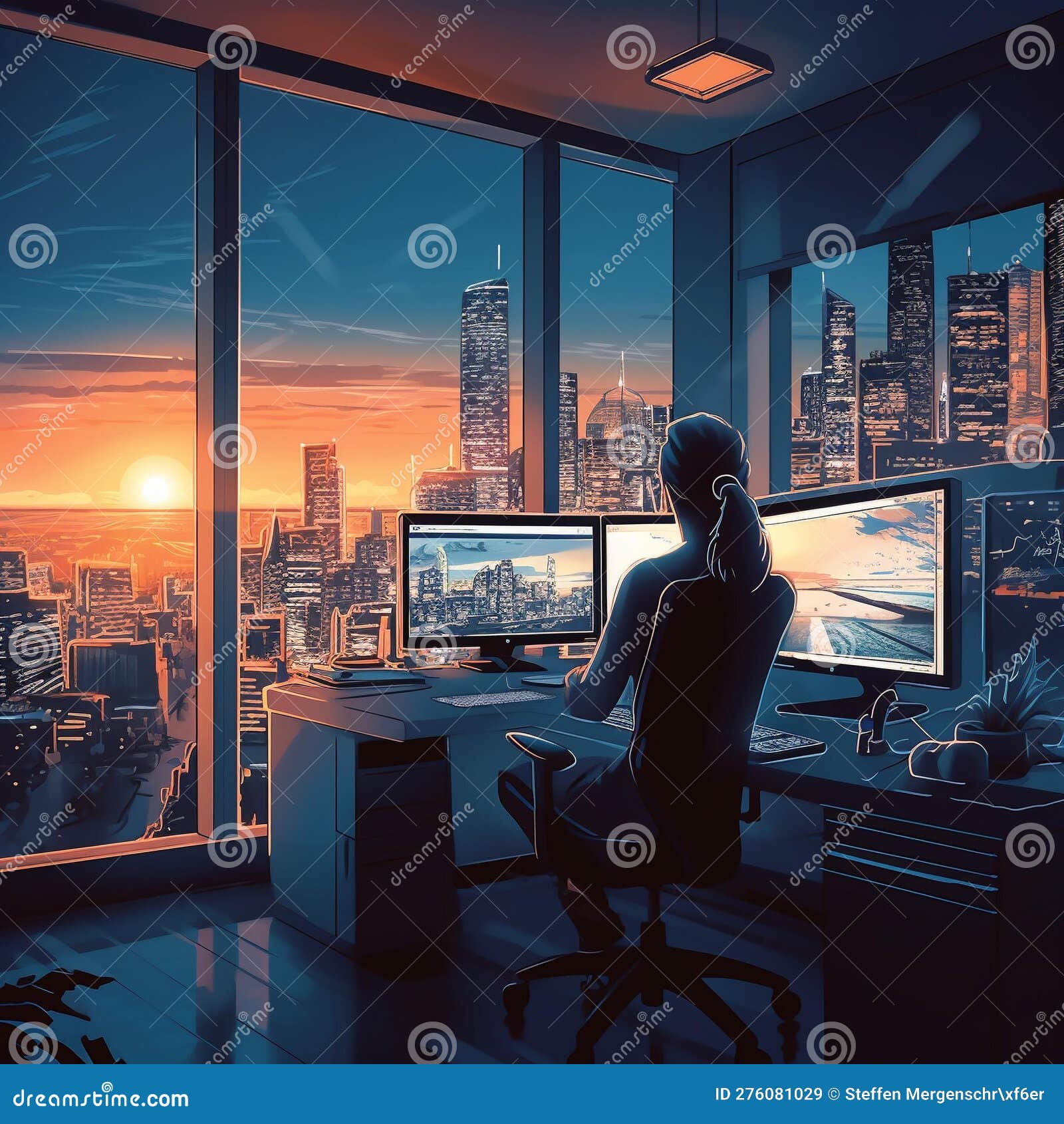 Modern Designer at Work in Cityscape Office Stock Illustration ...