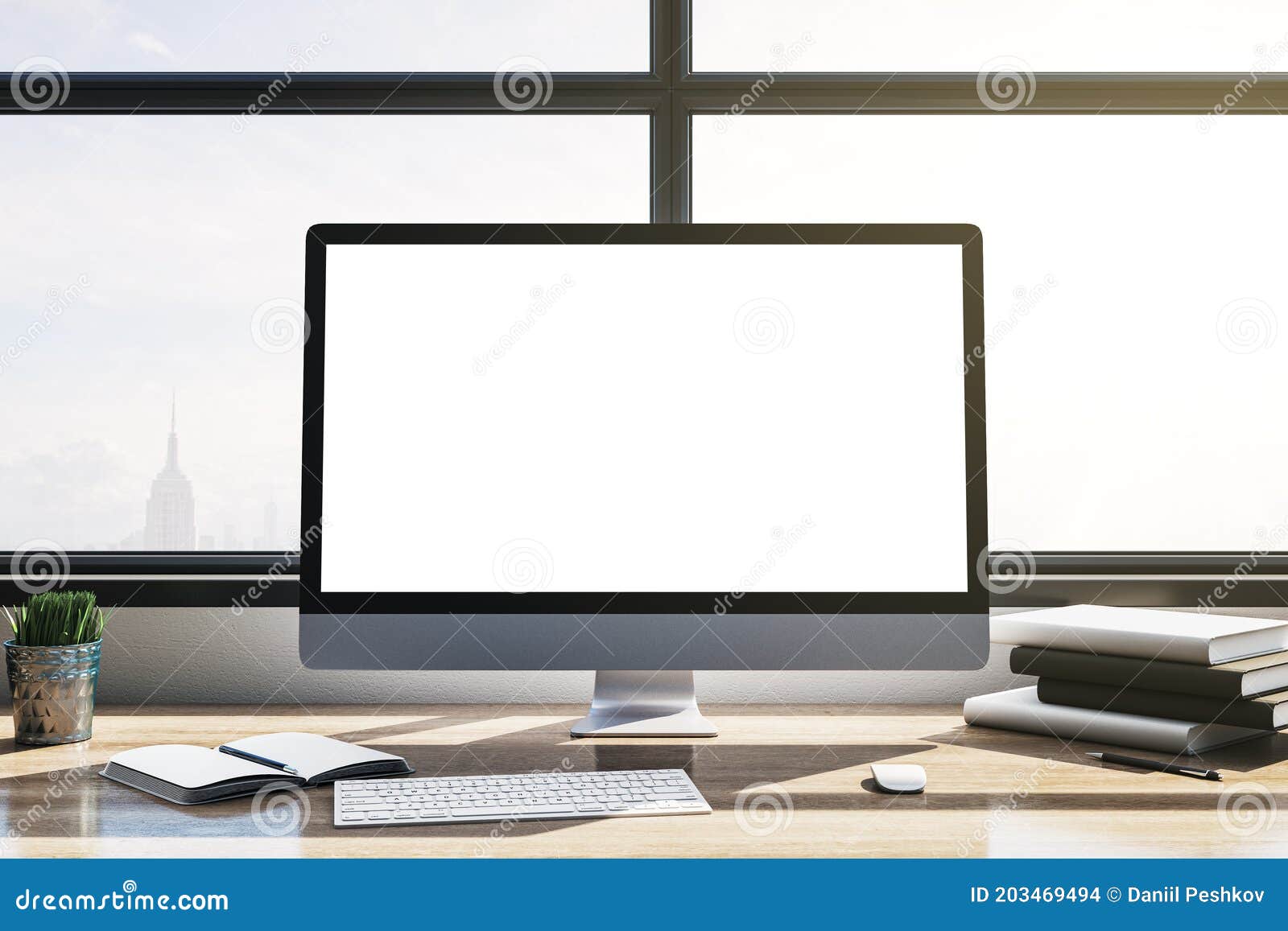 Modern Designer Workplace with Empty Computer Screen Stock Illustration ...