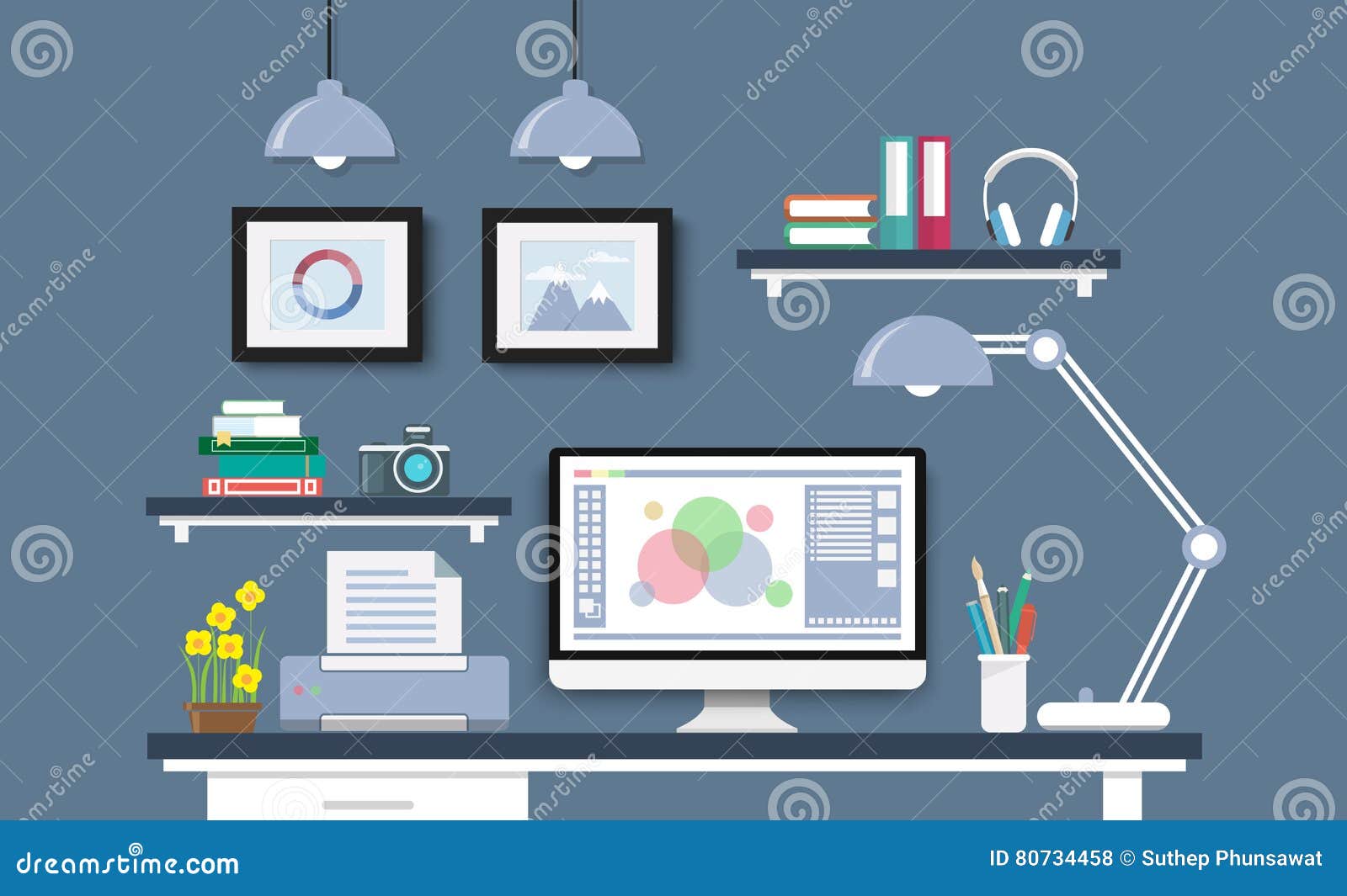 Modern Desk with Computer Set, Documents and Stationery. Workplace for ...