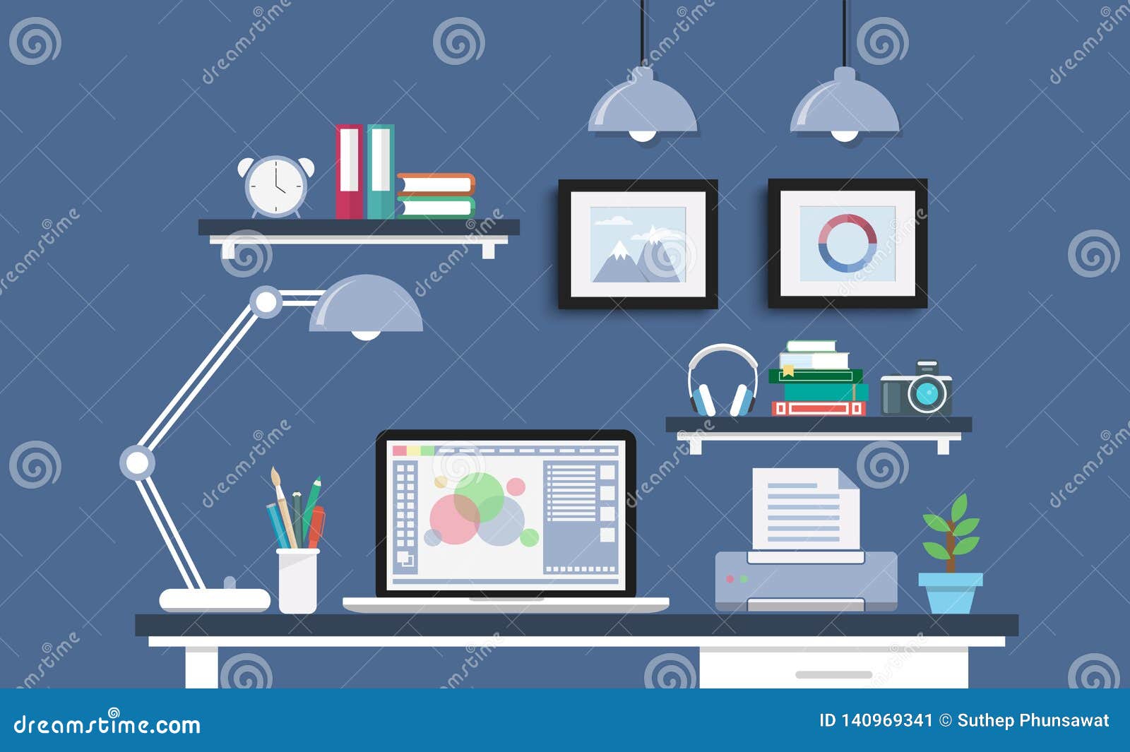 Modern Desk with Computer Set, Documents and Stationery. Workplace for ...
