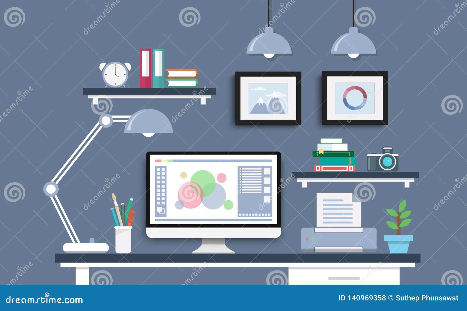 Modern Desk with Computer Set, Documents and Stationery. Workplace for ...