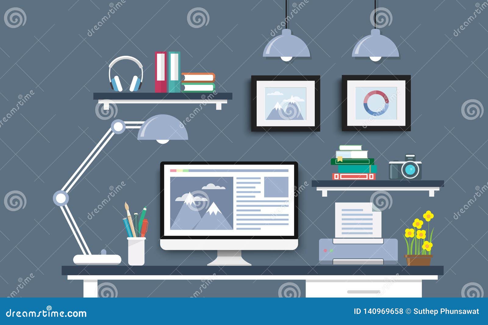 Modern Desk with Computer Set, Documents and Stationery. Workplace for ...