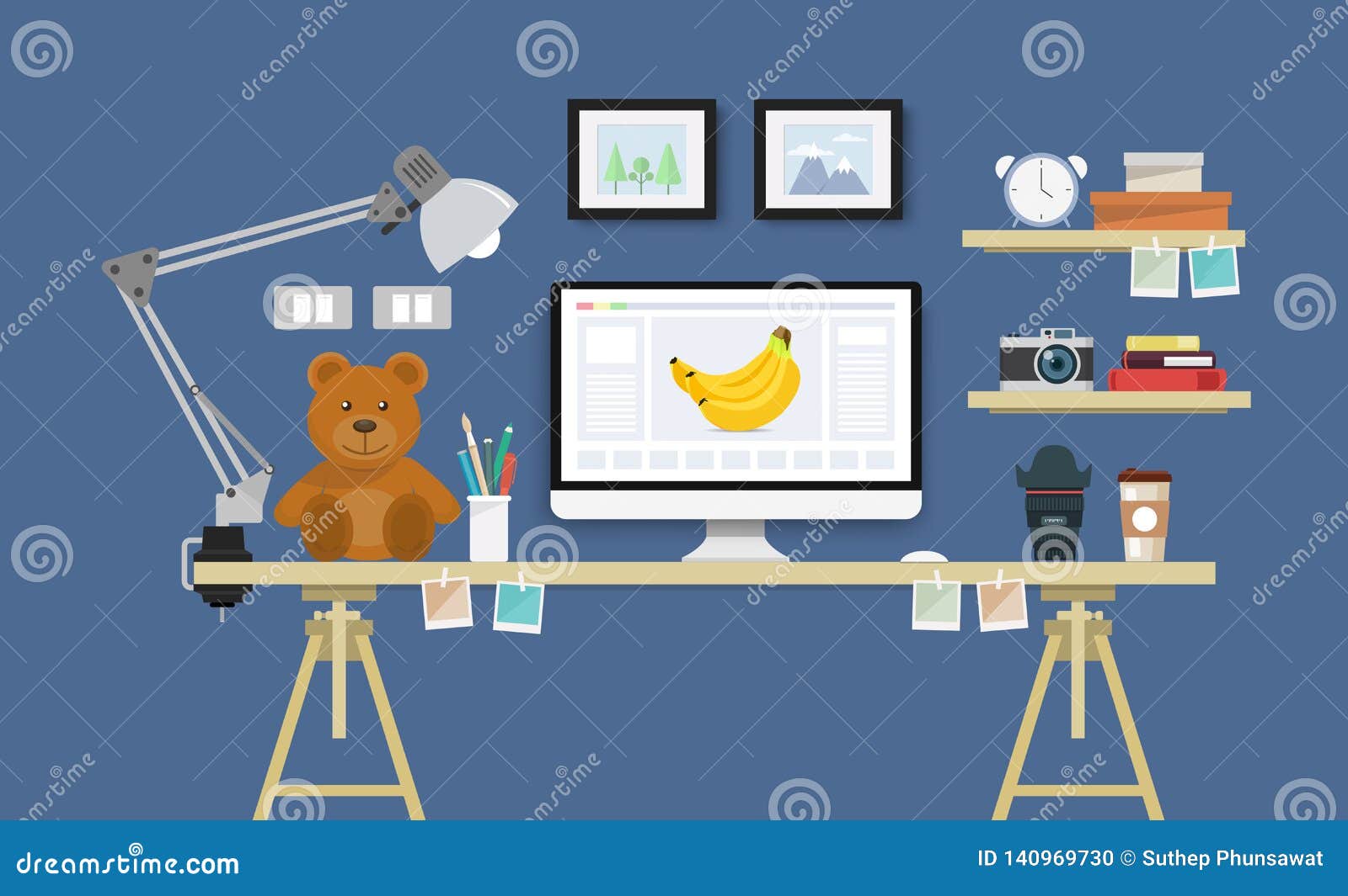 Modern Desk with Computer Set, Documents and Stationery. Workplace for ...