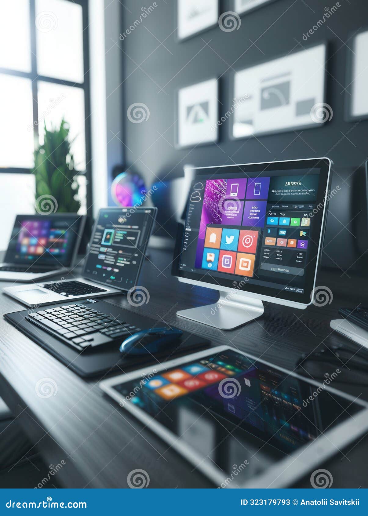 A Modern Desk with Multiple Laptops and Tablets Showcasing Vibrant Apps ...