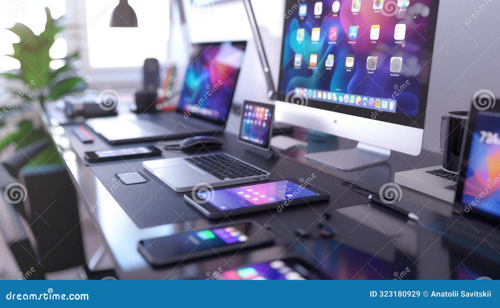 A Modern Desk with Multiple Laptops and Tablets, Showcasing Vibrant ...