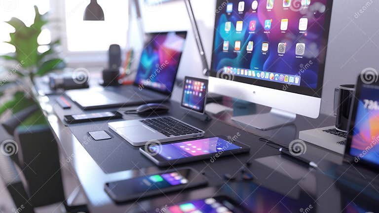 A Modern Desk with Multiple Laptops and Tablets, Showcasing Vibrant ...