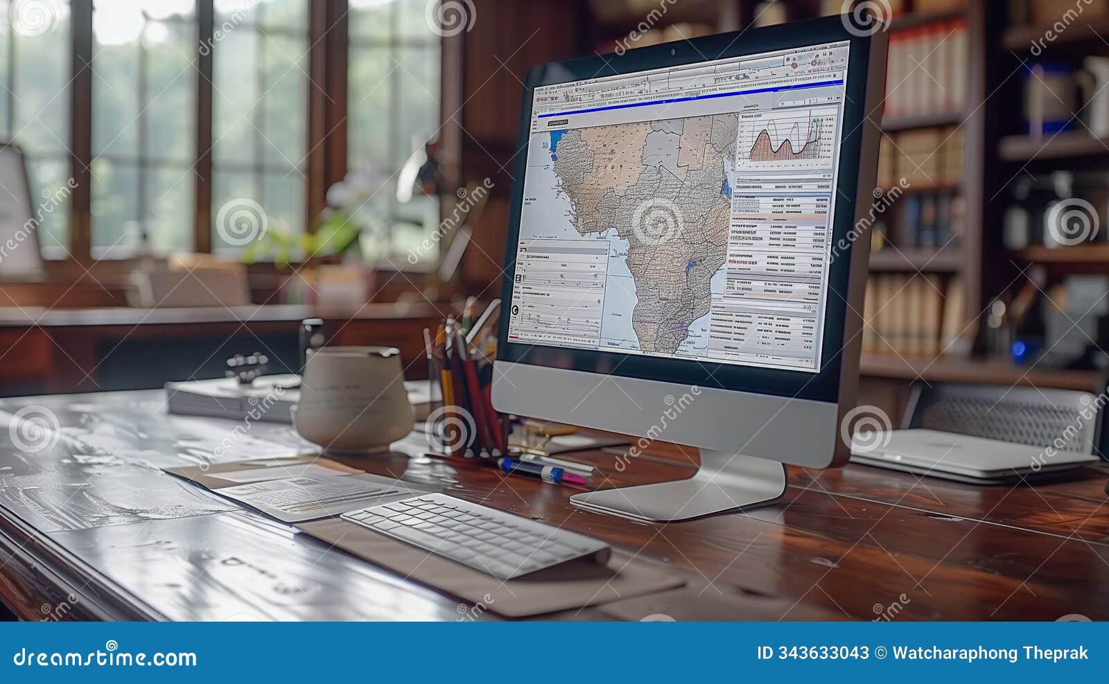 Modern Desk Setup with Computer Displaying Geographic Data Map Stock ...