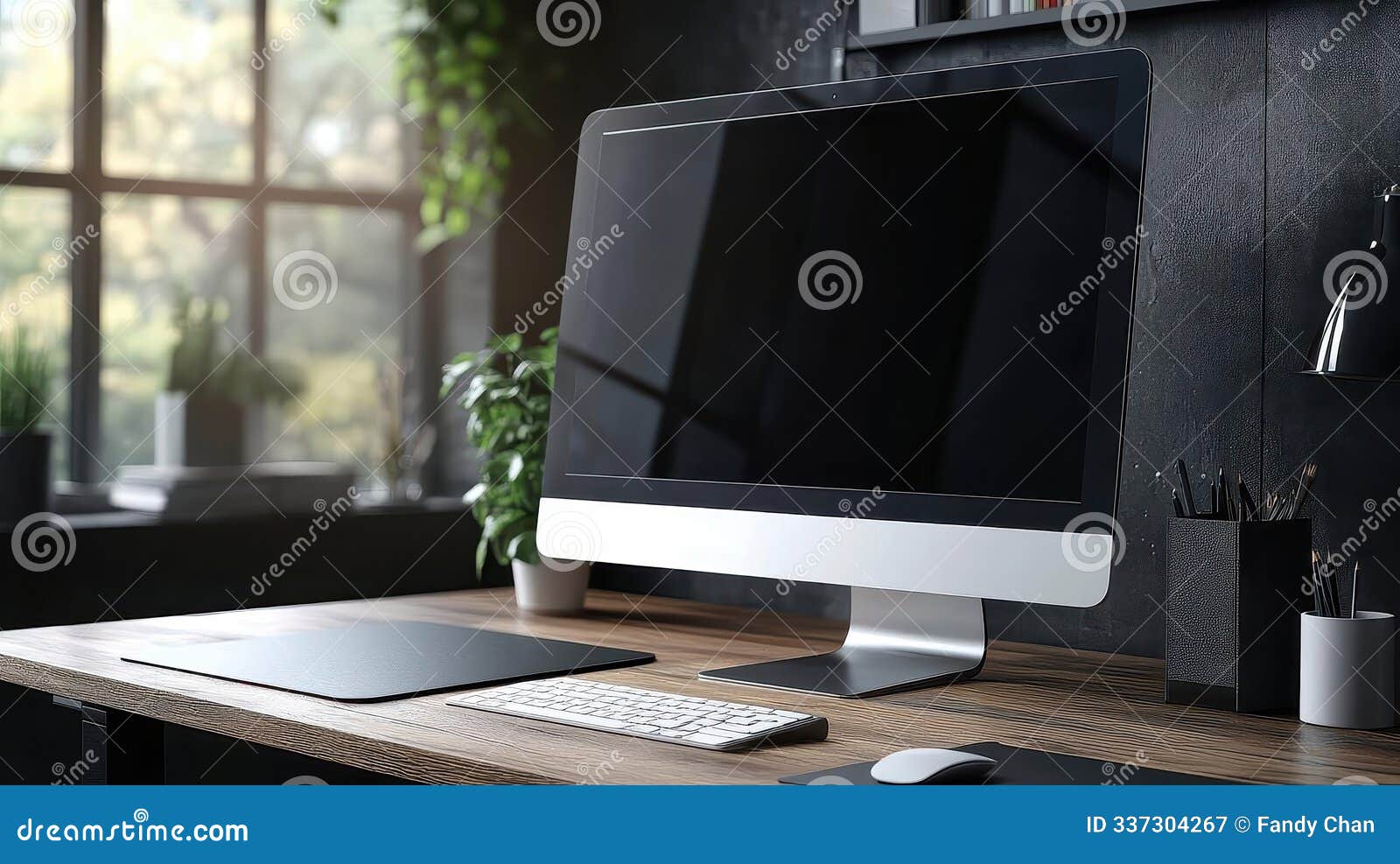 Modern Desk Setup with Computer, Keyboard, Mouse, and Desk Mat ...