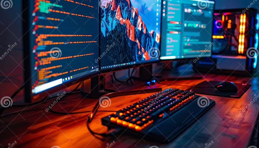 Modern Desk Setup with Dual Monitors, Keyboard, and Computer Mouse for ...