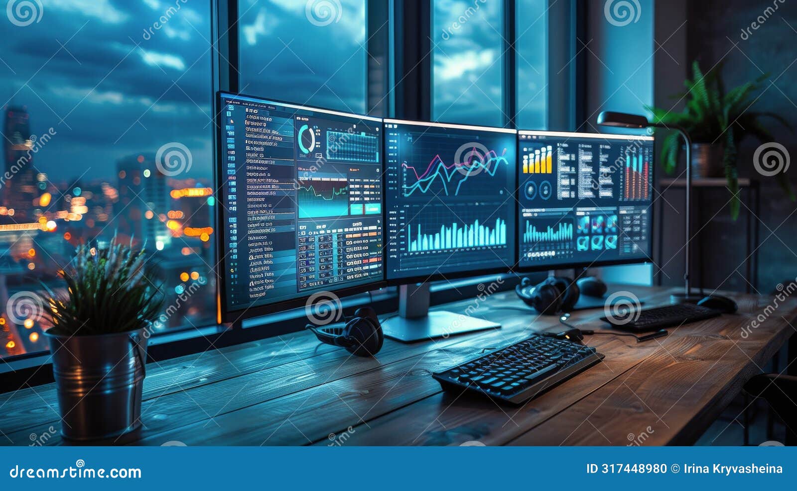 Modern Desk Setup with Dual Monitors and Keyboard Stock Photo - Image ...