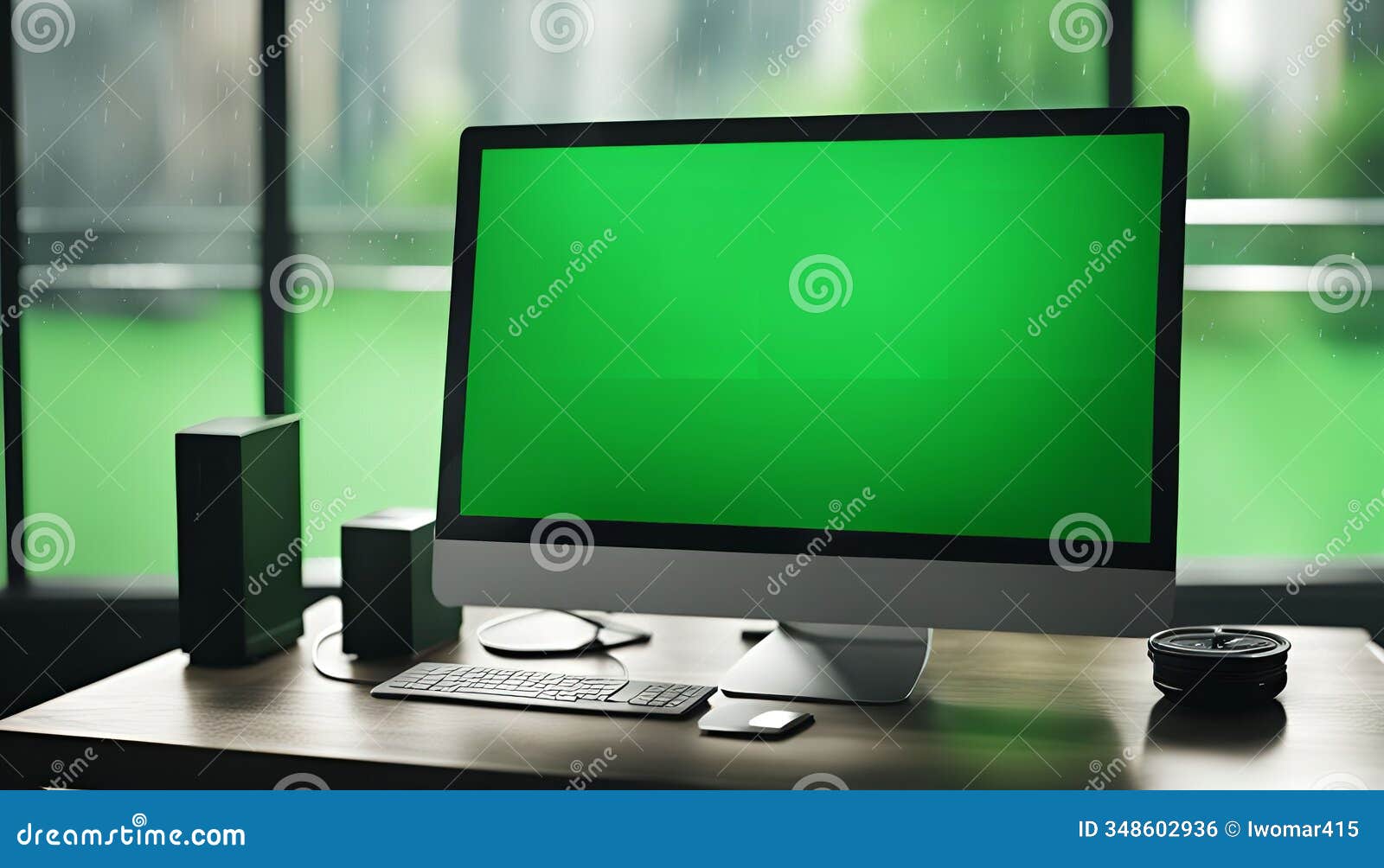 Modern Desk Setup with Green Screen Monitor Stock Illustration ...