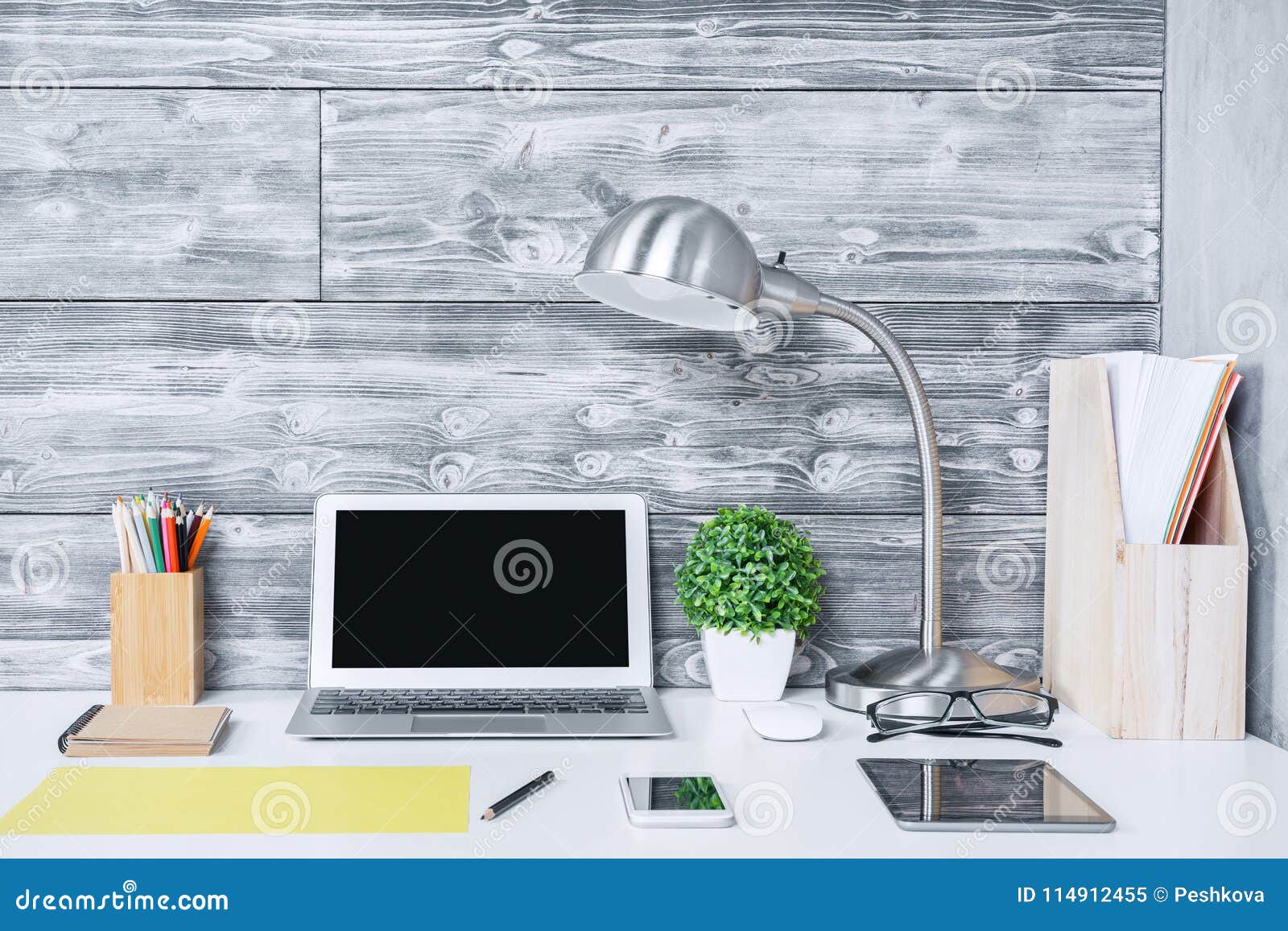 Modern desk top closeup stock image. Image of device - 114912455