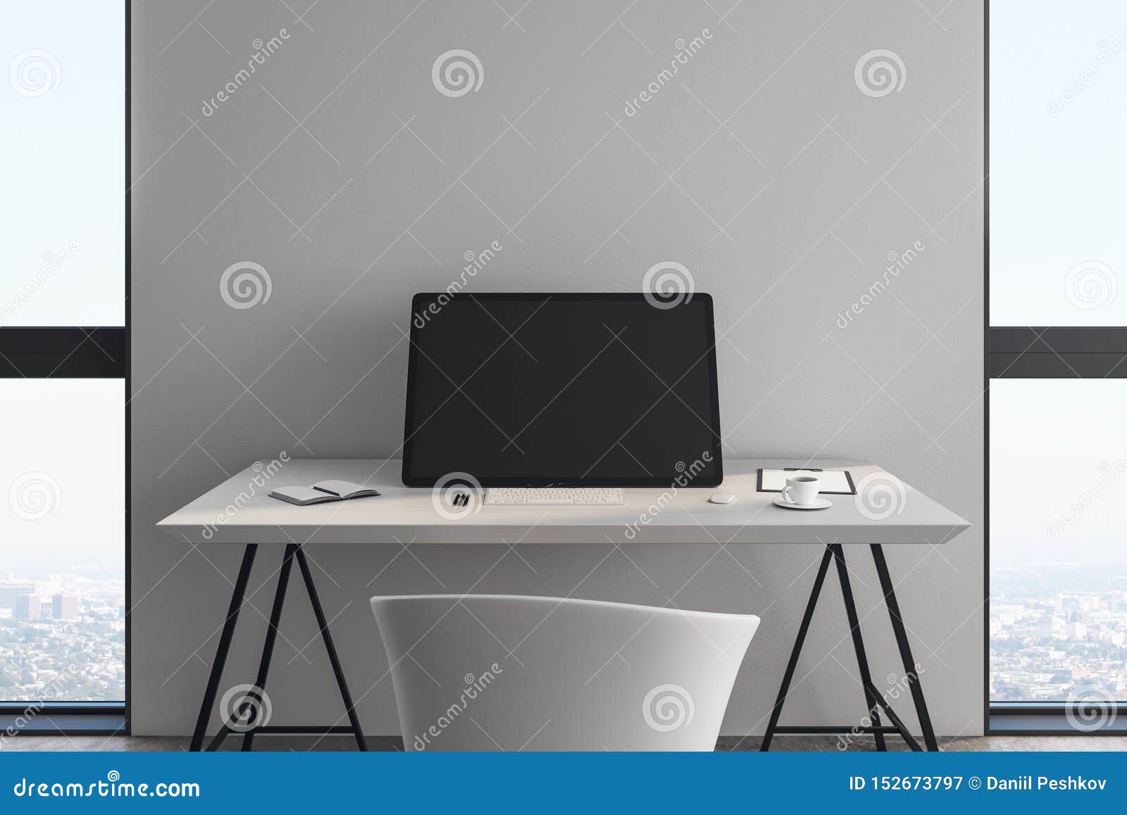 Modern Desktop with Blank Computer Stock Illustration - Illustration of ...