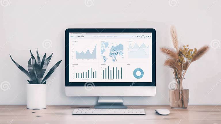 A Modern Desktop with a Computer Displaying Data Analytics Charts and ...