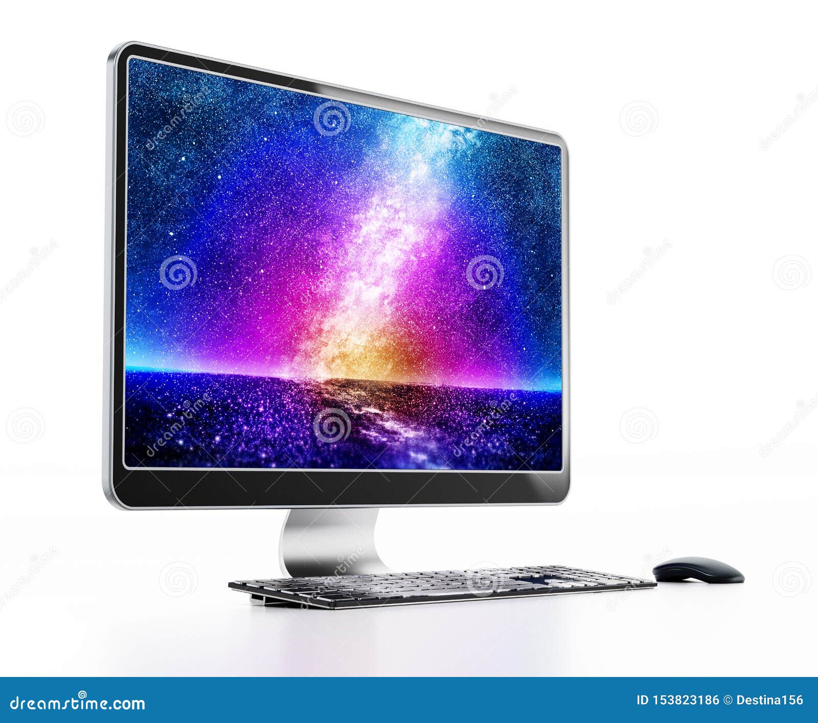 Modern Desktop Computer with Vivid Wallpaper. 3D Illustration Stock ...