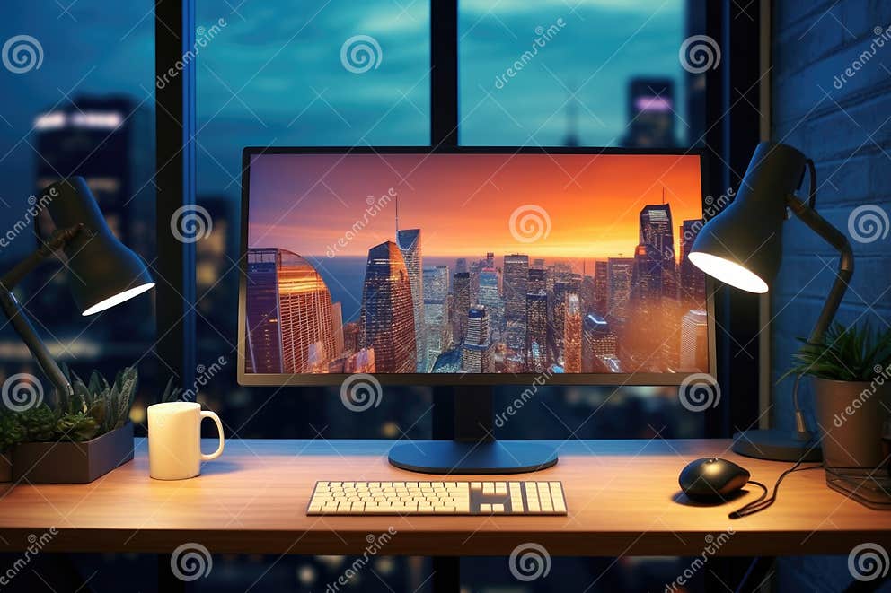 A Modern Desktop Computer on a Wooden Desk. Suitable for Technology and ...