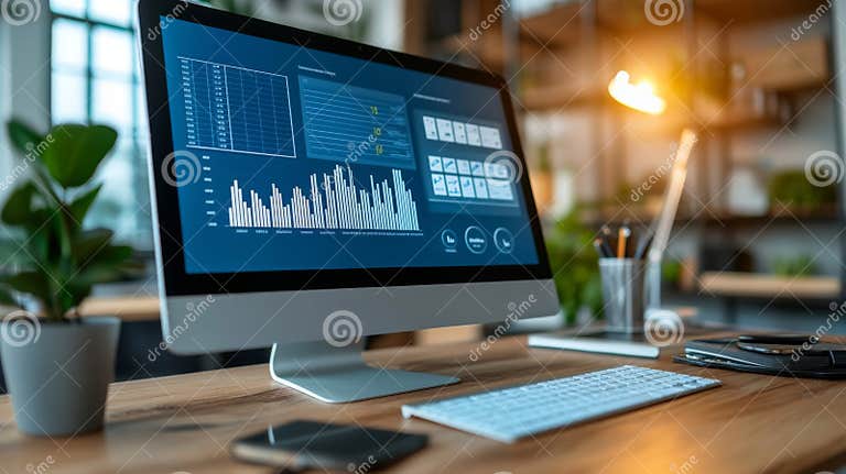 Modern Desktop with Data Analysis Charts on a Computer Screen Stock ...