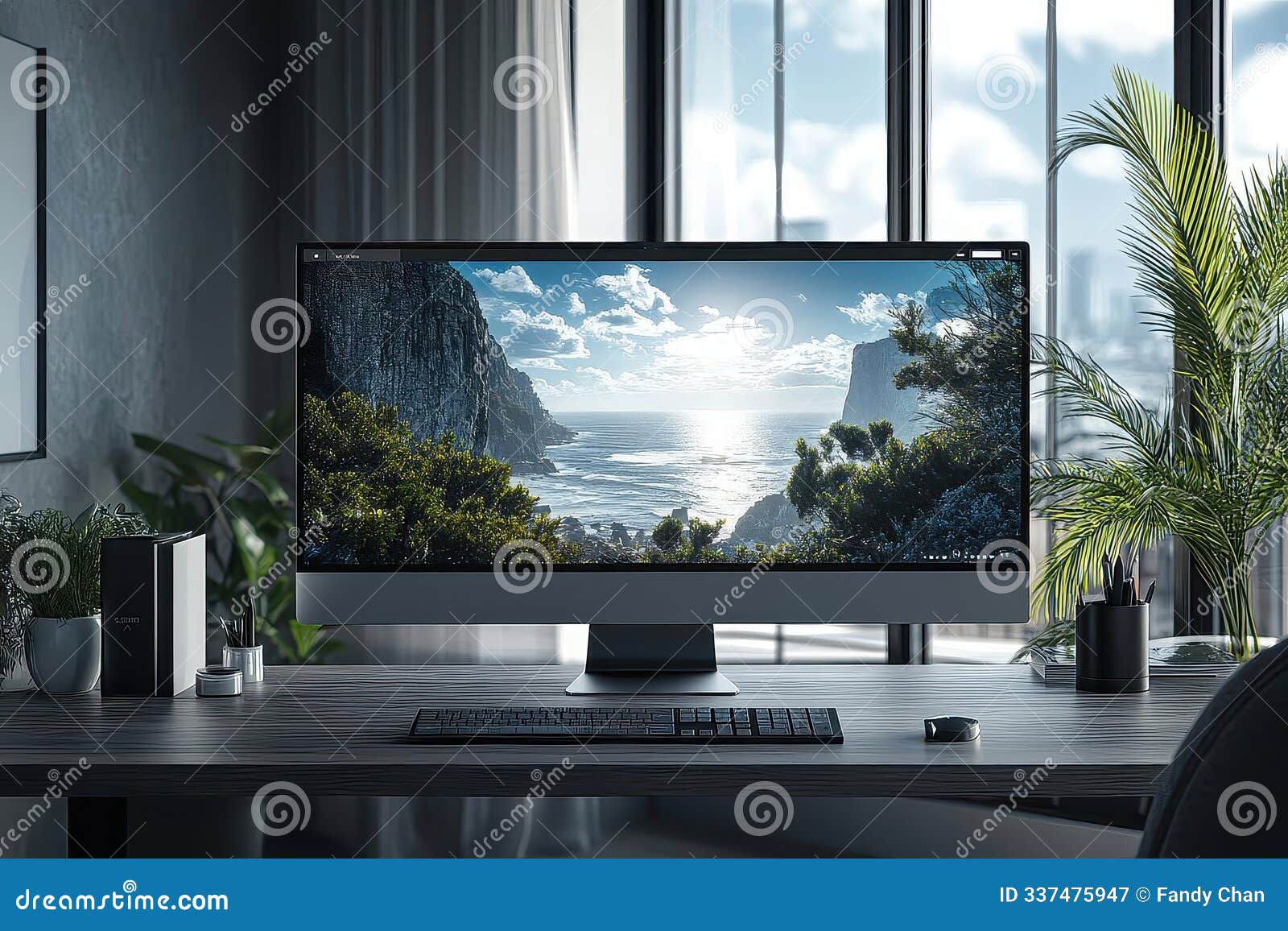 Modern Desktop Setup with Ocean View Wallpaper - Minimalist Workspace ...