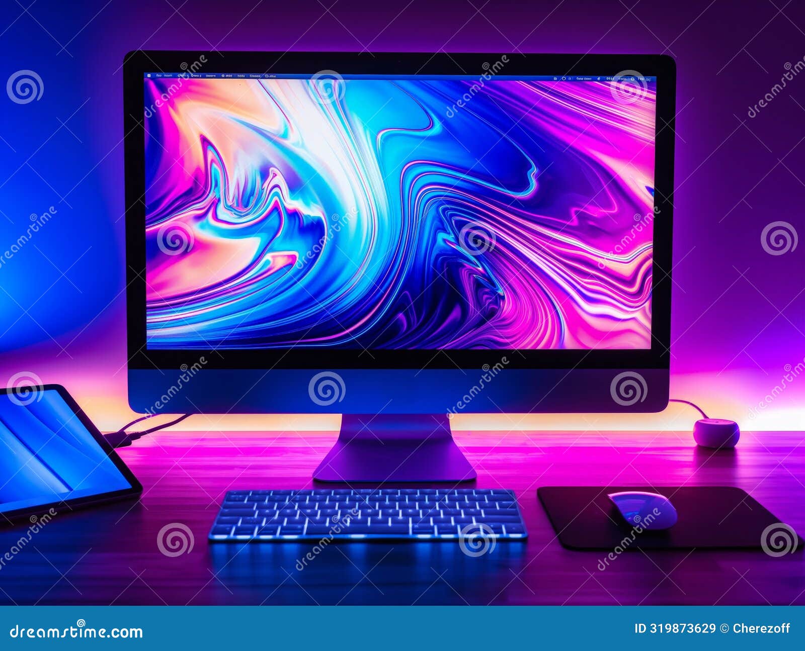Modern Desktop with Vibrant Screen and Neon Lighting Stock Image ...