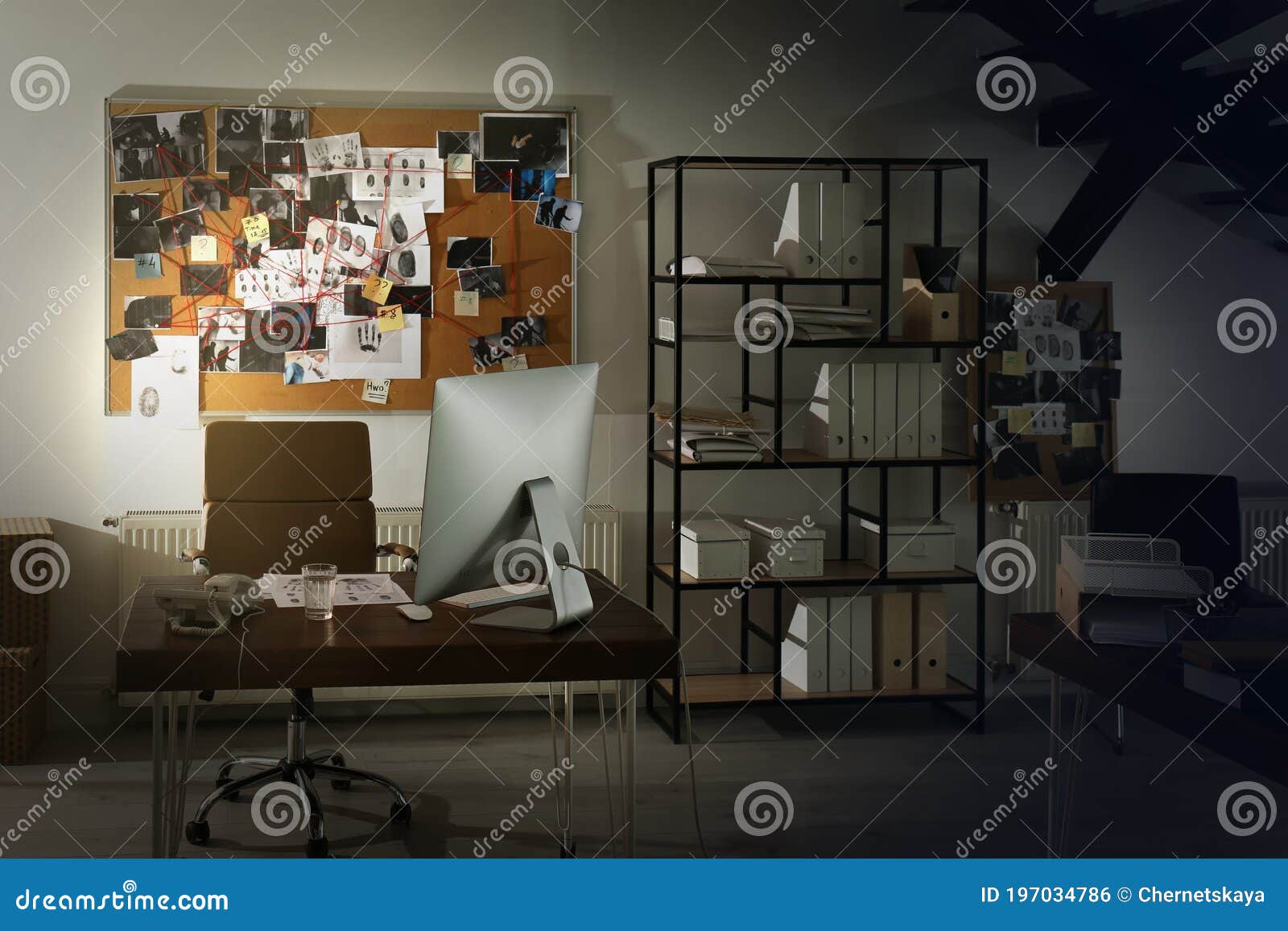 Modern Detective Office with Computer and Board Stock Photo - Image of ...