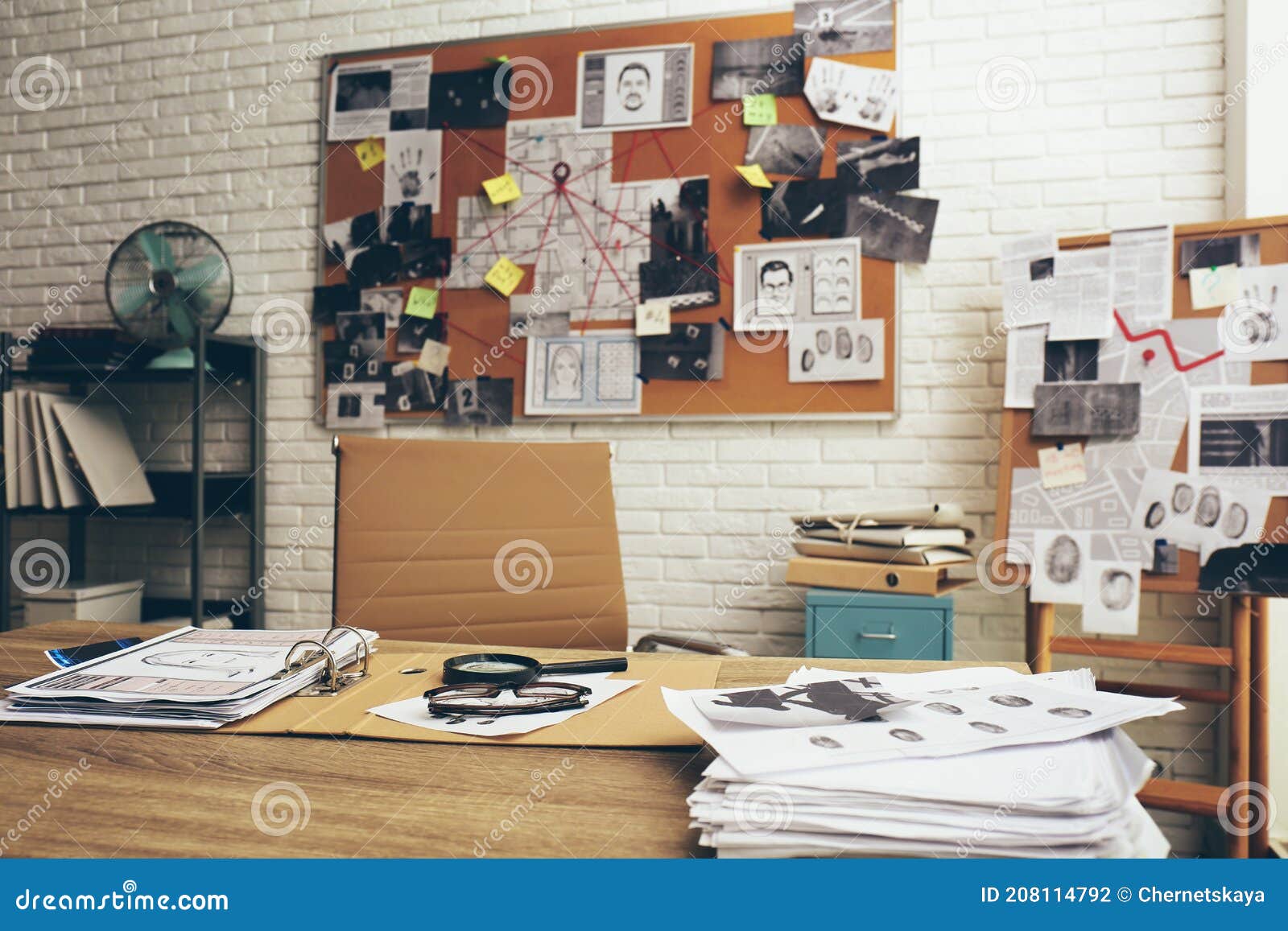 Modern Detective Office with Workplace and Board Stock Photo - Image of ...