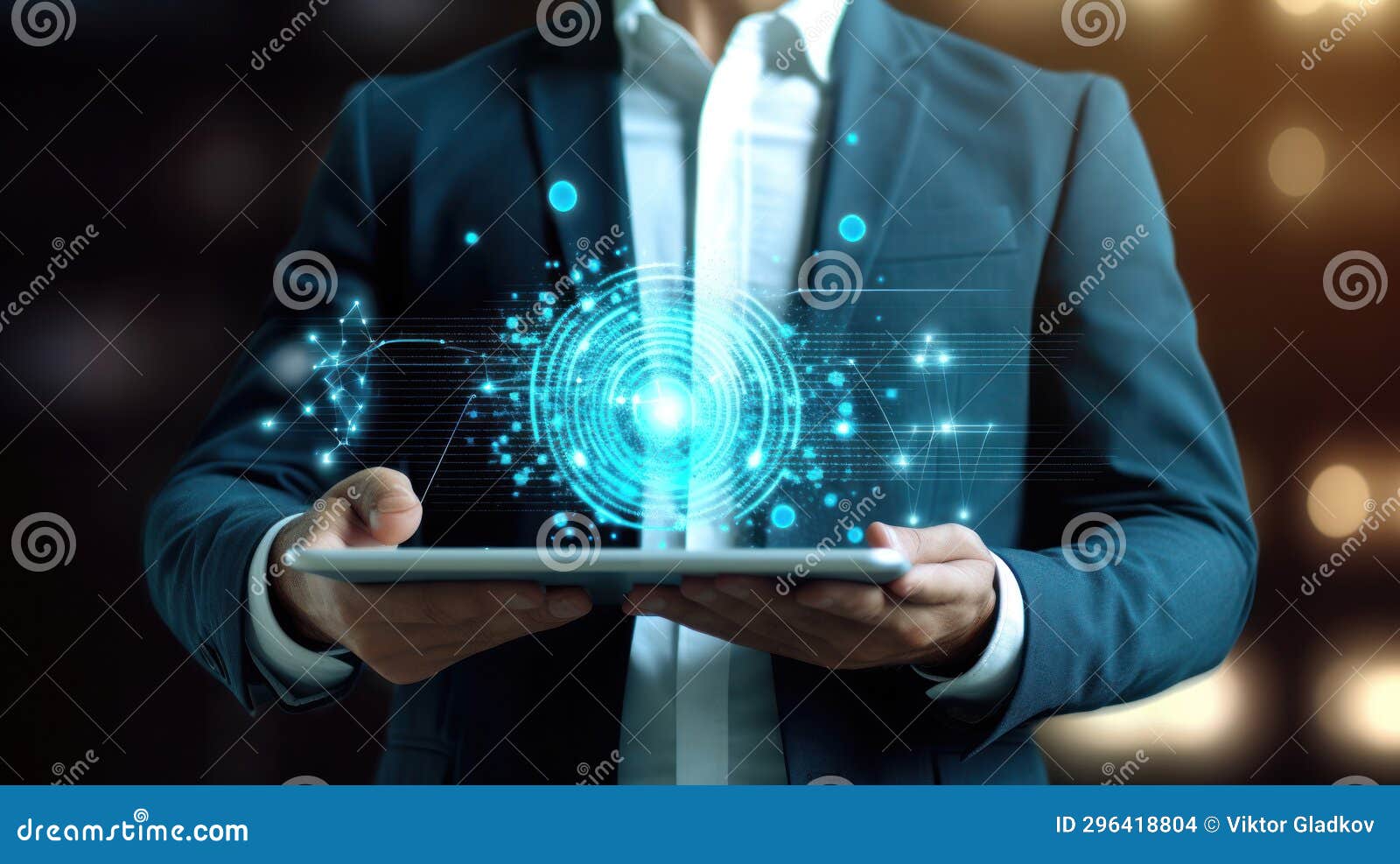 Modern Developer Presenting a Digital Holographic Interface on a Laptop ...