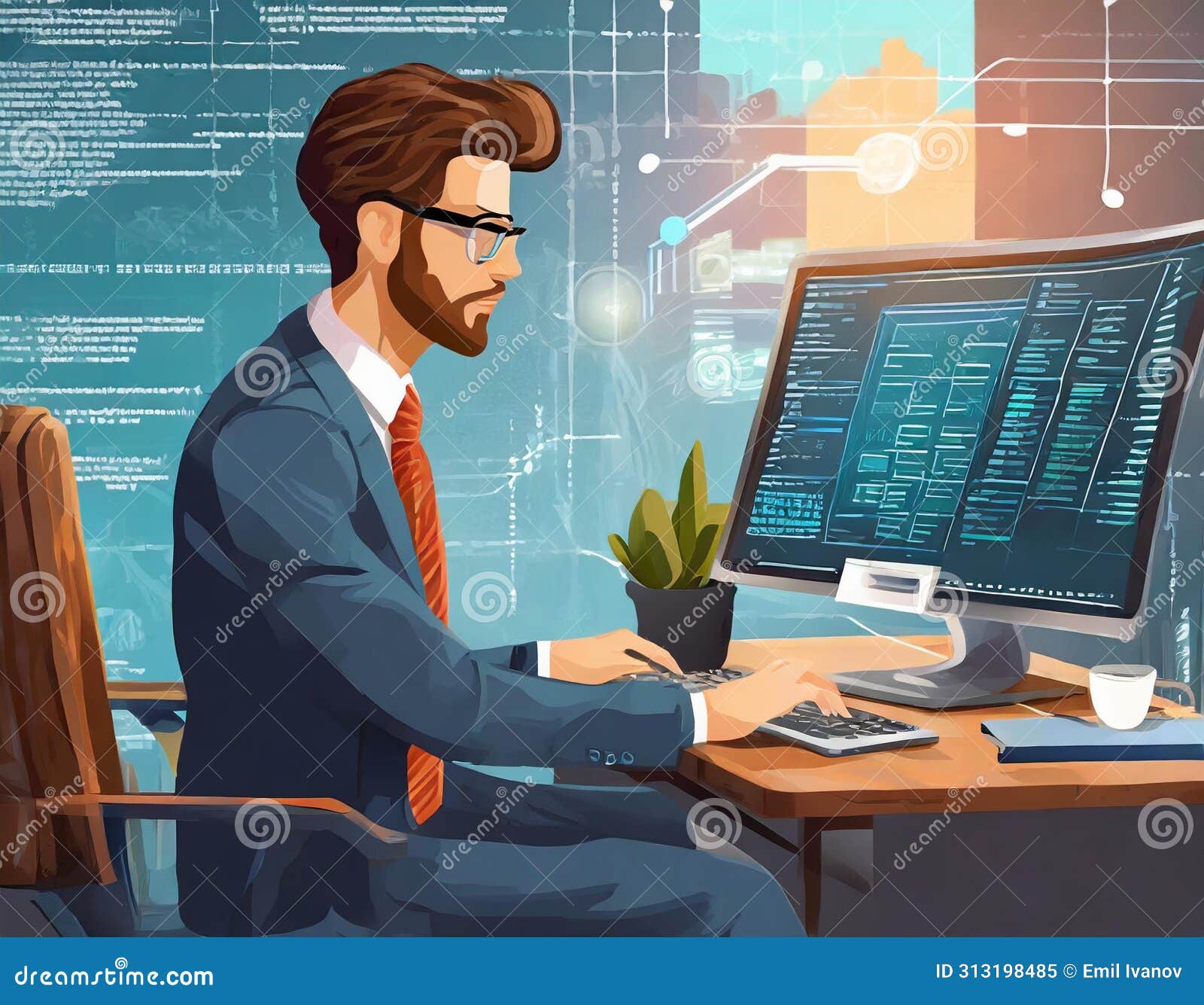 Modern Developer at Work in High-tech Office Stock Illustration ...