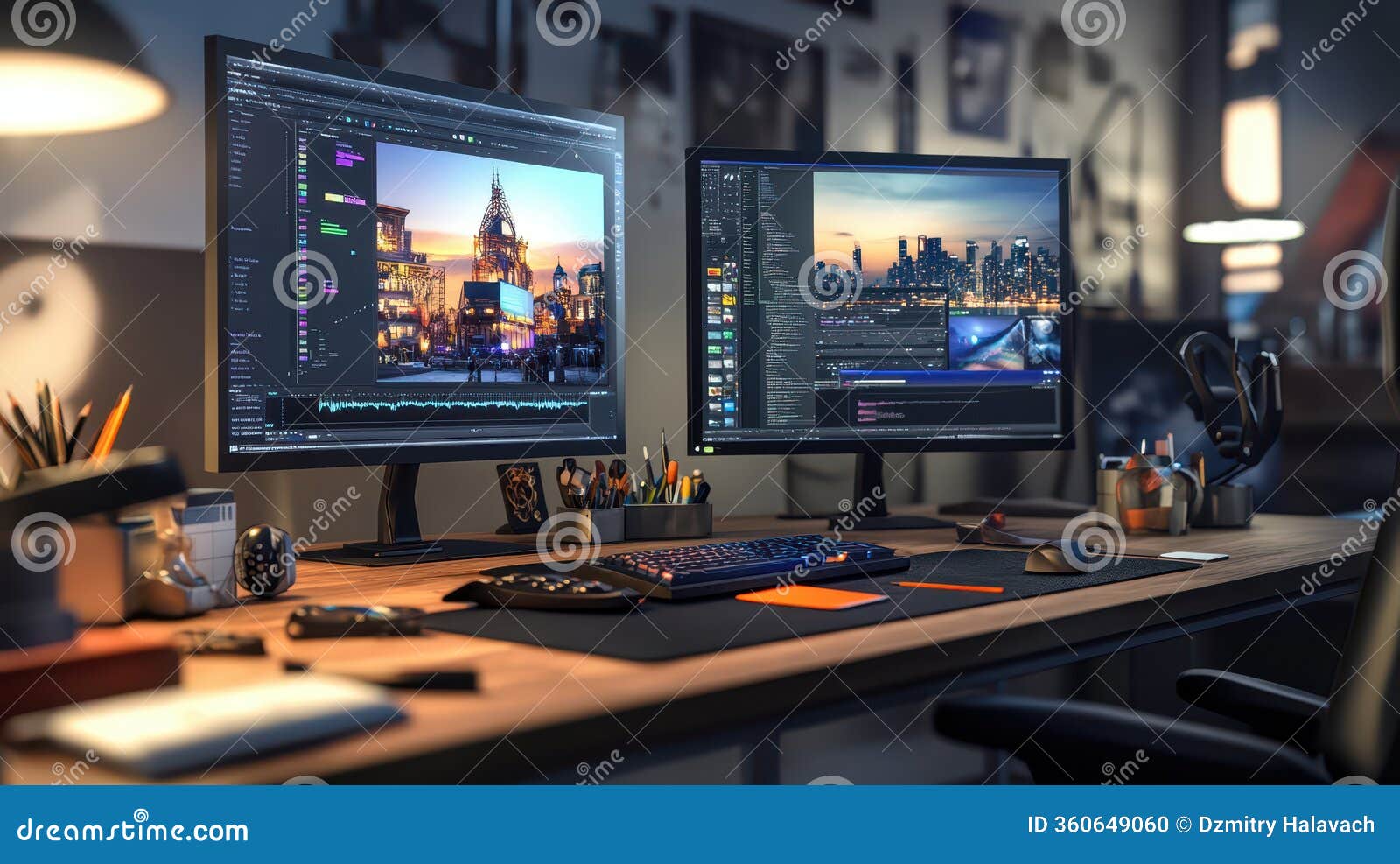 Modern Developer Workspace with Dual Monitors and Coding Screens Stock ...