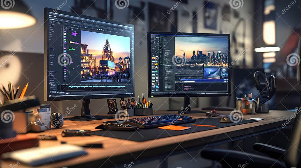 Modern Developer Workspace with Dual Monitors and Coding Screens Stock Photo - Image of software ...