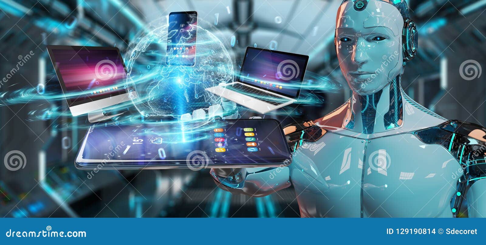 Modern Devices Connected in Robot Hand 3D Rendering Stock Illustration ...
