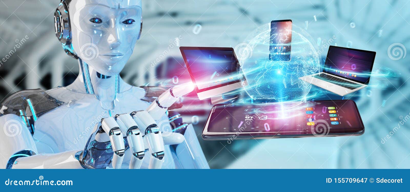 Modern Devices Connected in Robot Hand 3D Rendering Stock Illustration ...