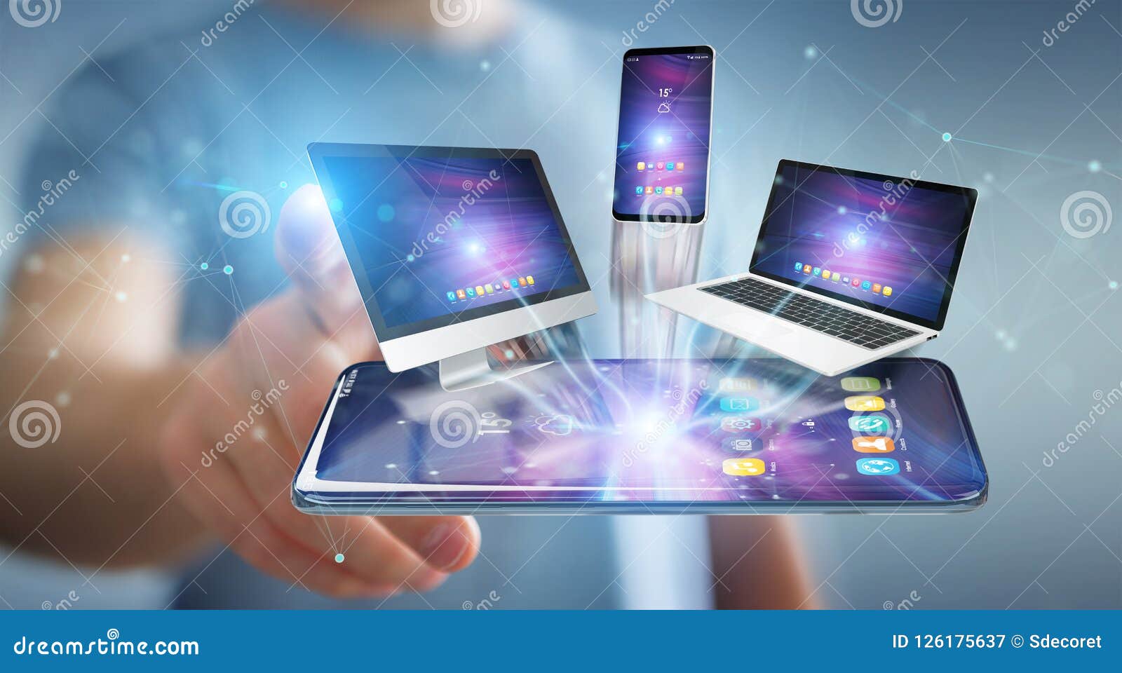 Modern Devices Connected in Businessman Hand 3D Rendering Stock ...