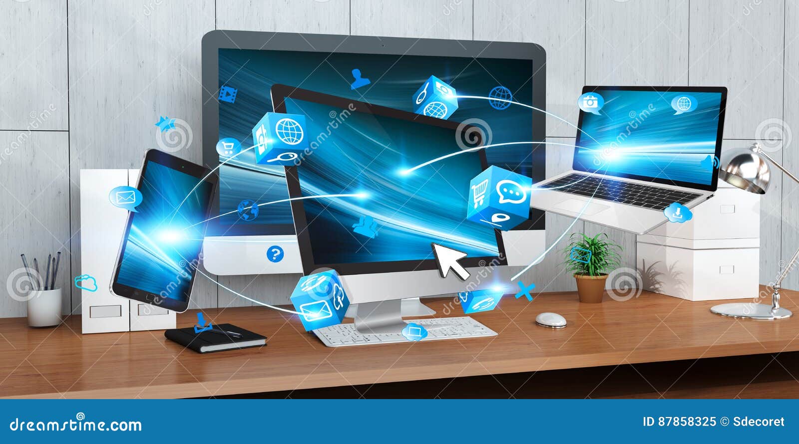 Modern Devices on Desktop Interior 3D Rendering Stock Illustration ...