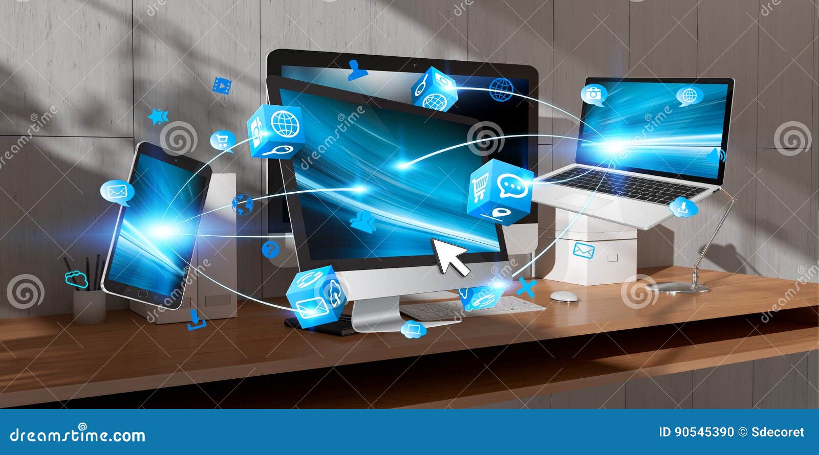 Modern Devices on Desktop Interior 3D Rendering Stock Illustration ...