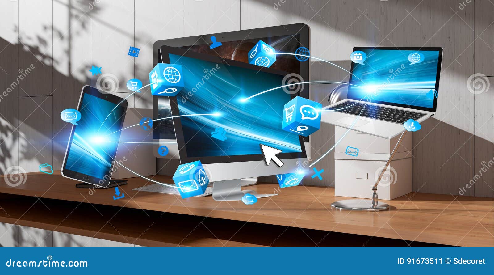 Modern Devices on Desktop Interior 3D Rendering Stock Illustration ...