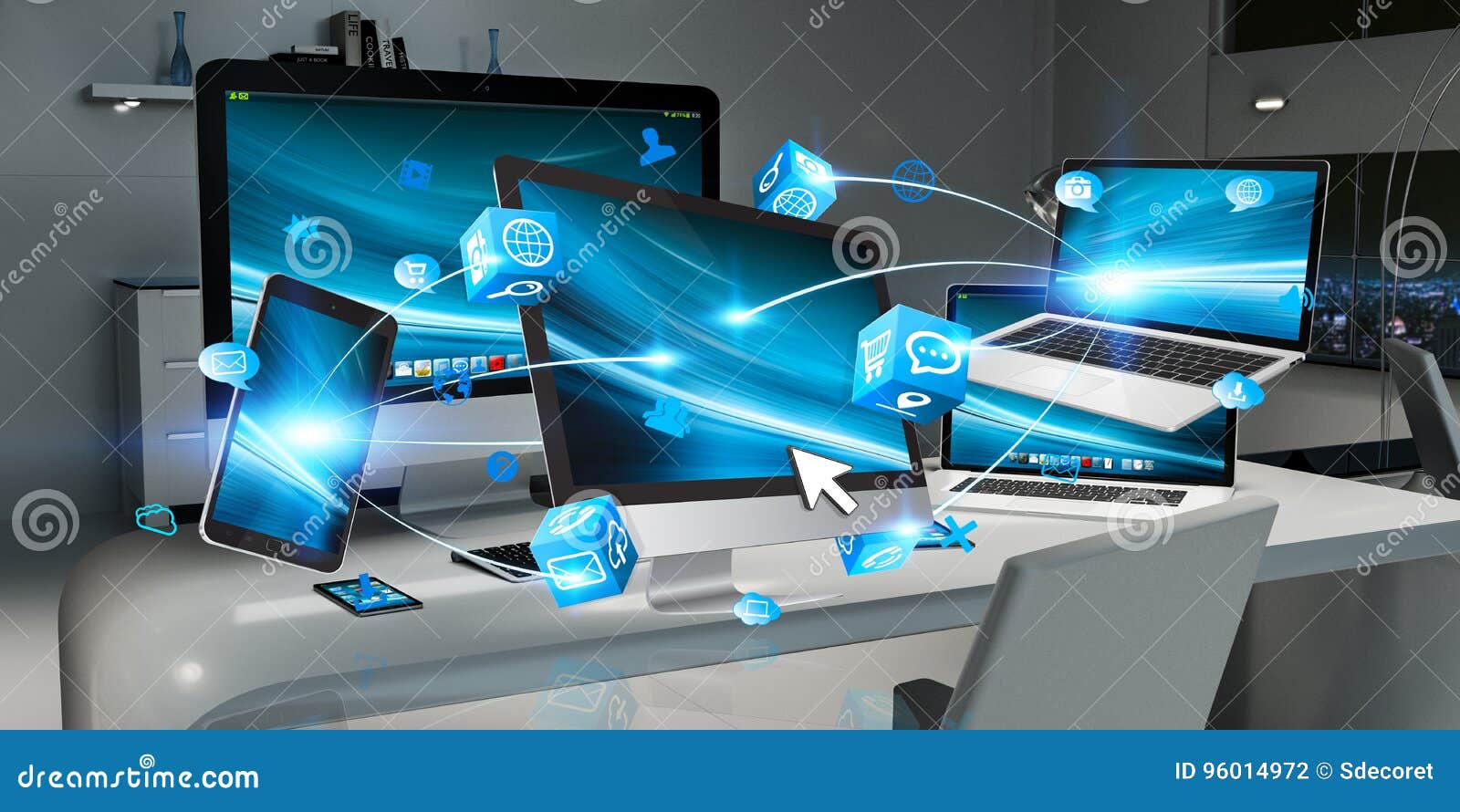 Modern Devices on Desktop Interior 3D Rendering Stock Illustration ...