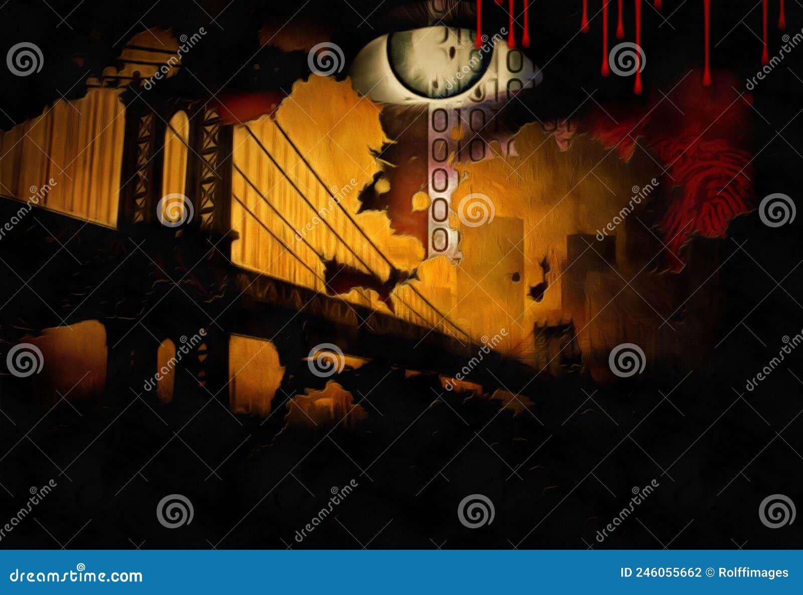 Bridge In A Futuristic Dystopian City On A Wet Night. Cyberpunk Concept ...