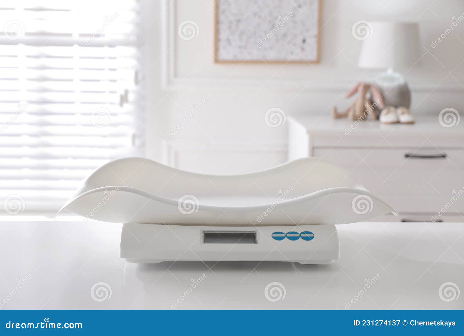 Modern Digital Baby Scales on Table in Room Stock Image - Image of copy ...