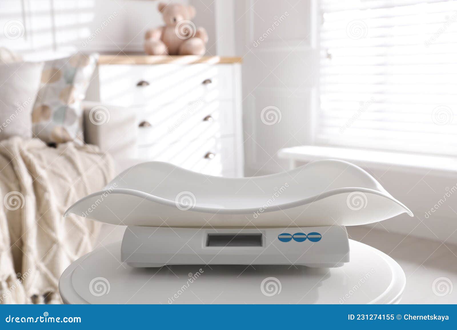 Modern Digital Baby Scales on Table in Room Stock Image - Image of mass ...