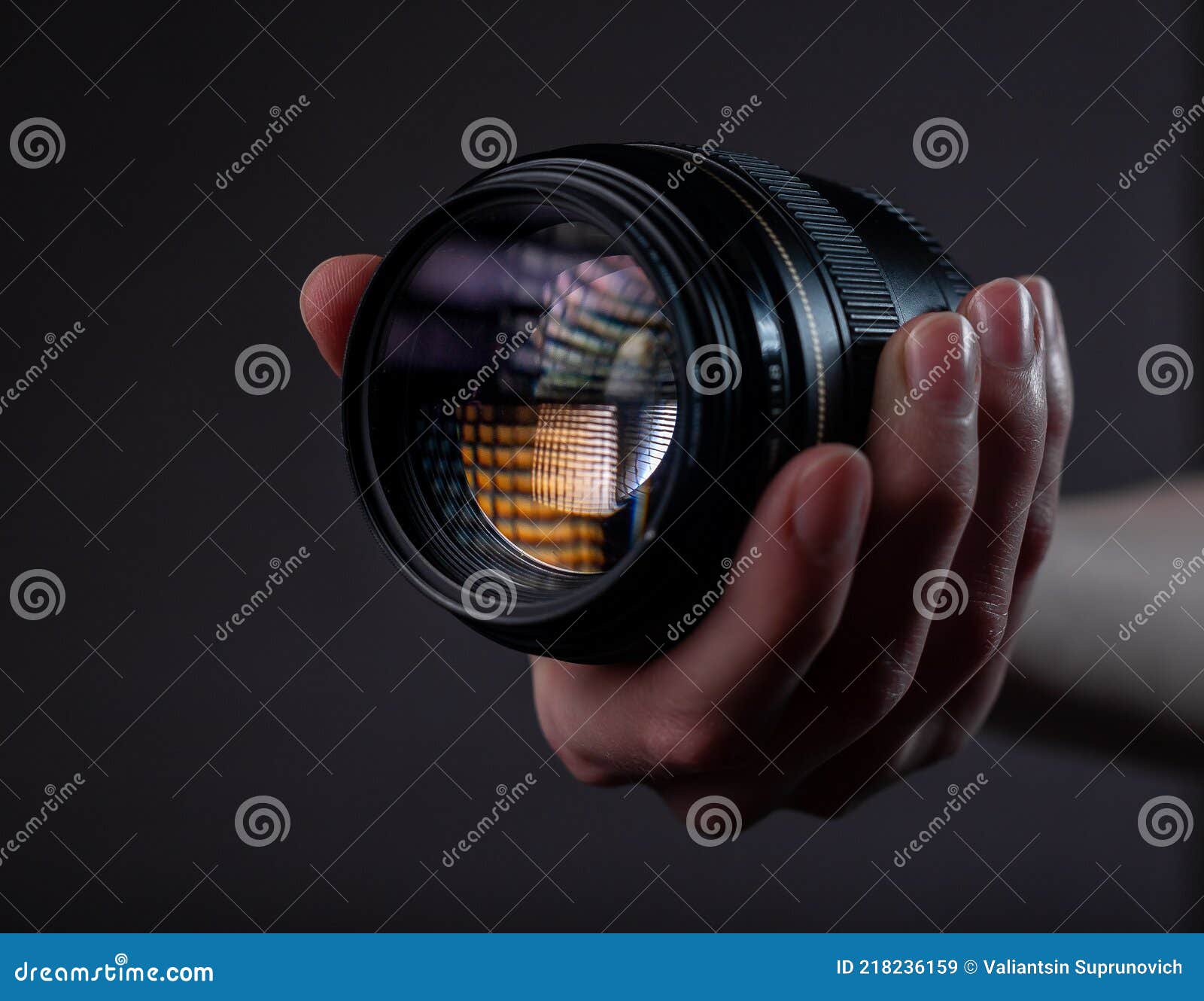 Modern Digital Camera Lens in Female Hands Over Dark Black Grey ...