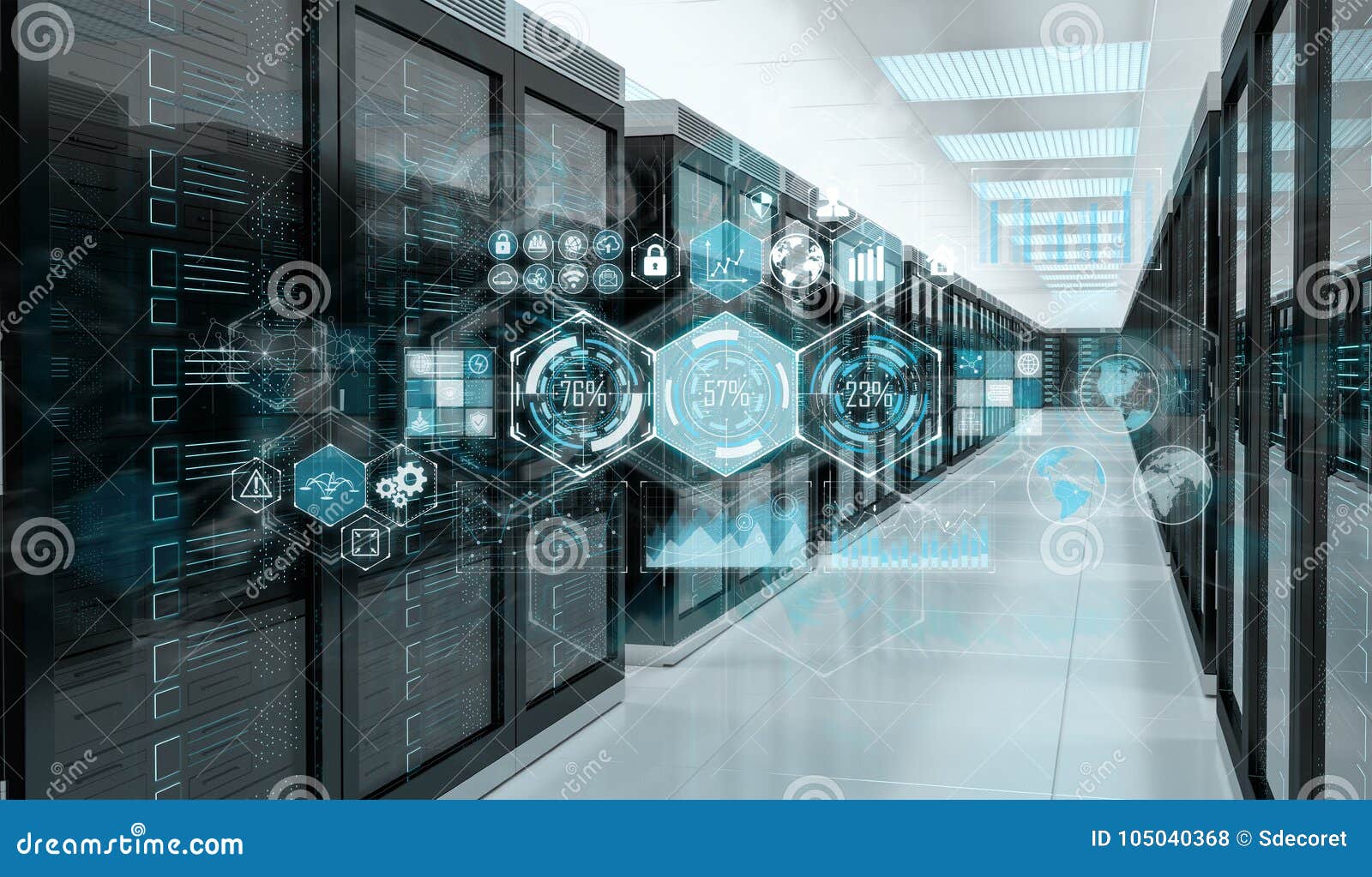 Graph Holograms Flying Over Server Room Data Center 3D Rendering ...