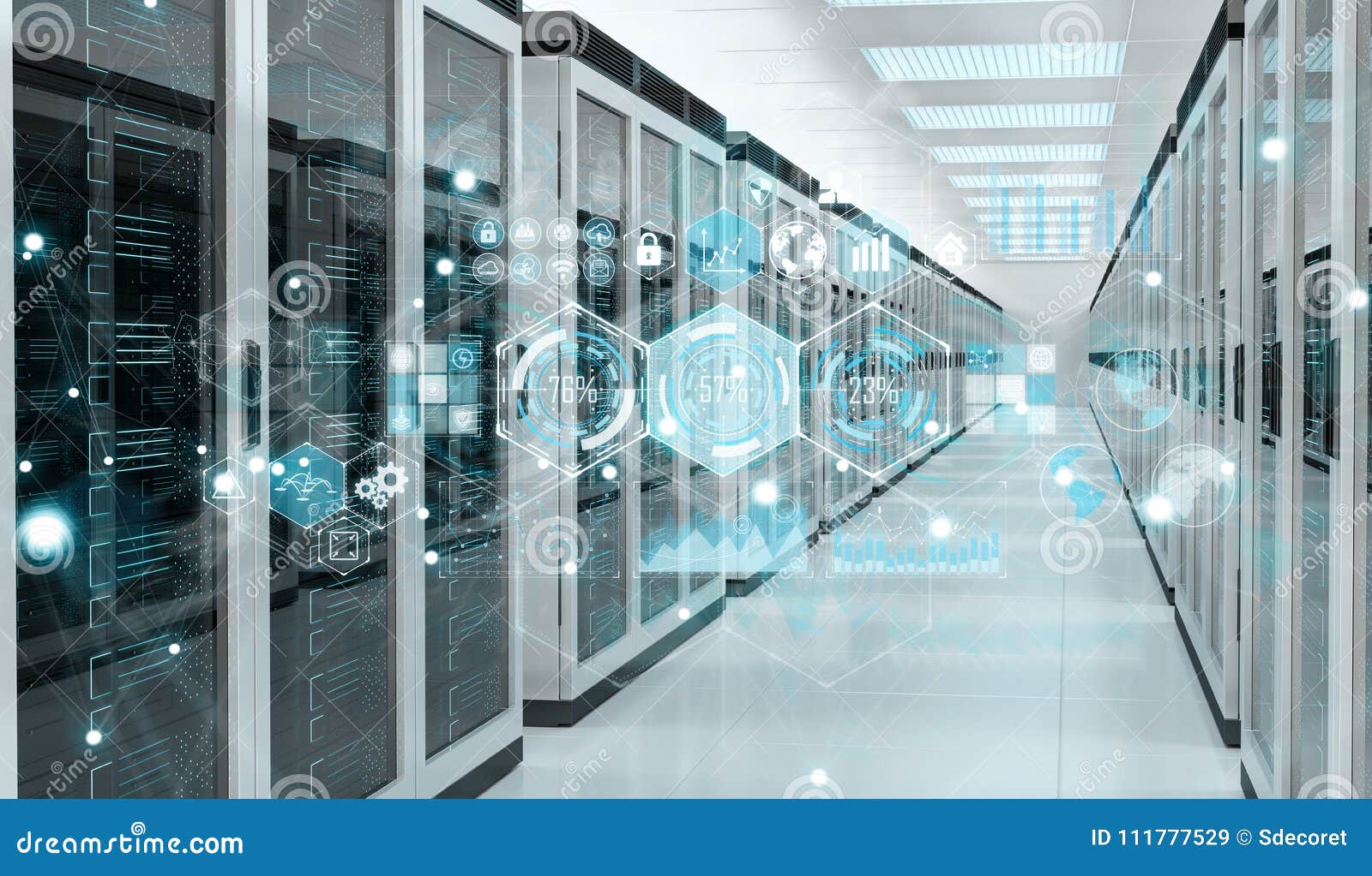 Graph Holograms Flying Over Server Room Data Center 3D Rendering Stock ...