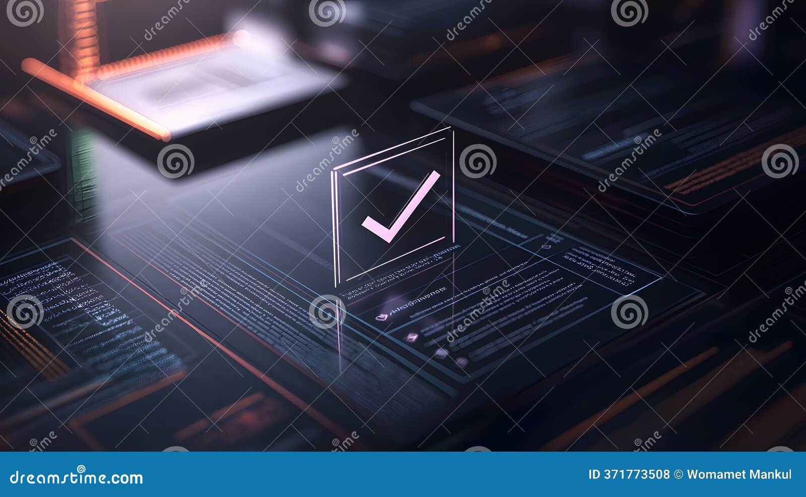 Transparent Checkmark Symbol Overlaid On Financial Data, Modern Business Office Desk Background ...